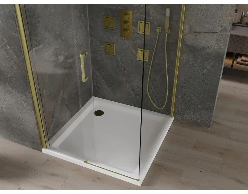 Mexen Omega posuvný sprchový kout 100 x 100 cm, 8mm sklo, zlatý profil-čiré sklo + slim sprchová vanička 5cm, 825-100-100-50-00-4010