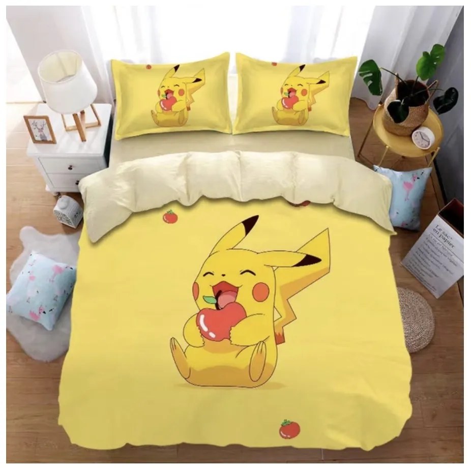 3-dílné ložní povlečení Pokémon - Pikachu 3D (150 x 200 cm a 2x povlak na polštář 50 x 75 cm) Motiv: 13 - Pikachu a jablíčko