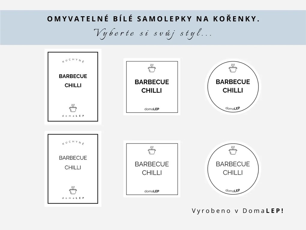 BARBECUE CHILLI - omyvatelná samolepka na kořenky, výběr rozměrů Ø 5 cm / 5 x 5 cm / 6 x 8 cm | DomaLEP tvar: KOLEČKO, barva: BÍLÁ - ČERNÉ písmo, velikost: Ø 5 cm - tučné písmo