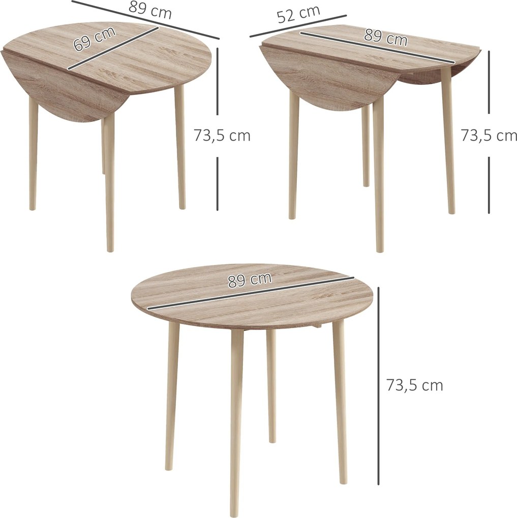HOMCOM Skládací jídelní stůl s 2 sklápěcími listy - rozkládací kulatý stůl - úsporný s dřevěnými nohami Ø89 x 73.5H cm