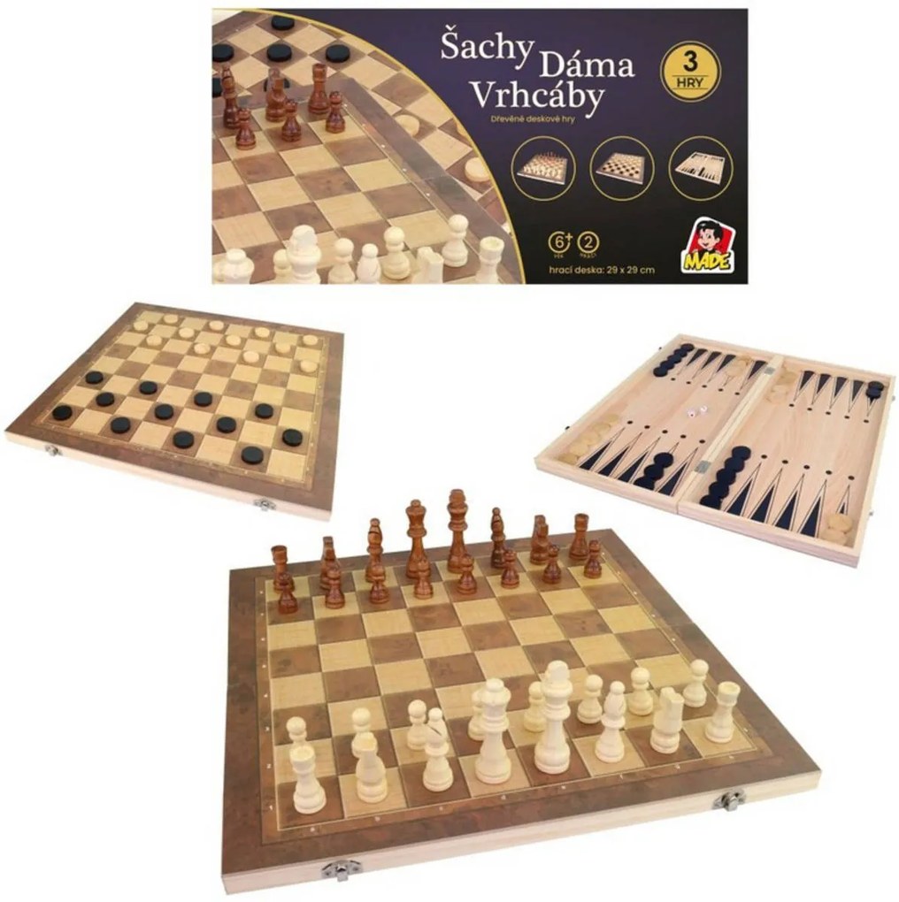 _Ostatní 1_ DŘEVO Hra Šachy Dáma Backgammon 30x30cm 3v1 *SPOLEČENSKÉ HRY* 03963