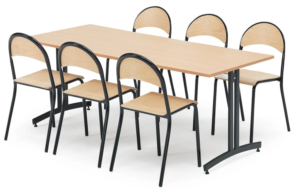 AJ Produkty Jídelní sestava SANNA + TAMPA, stůl 1800x800 mm, buk + 6 židlí, buk/černá