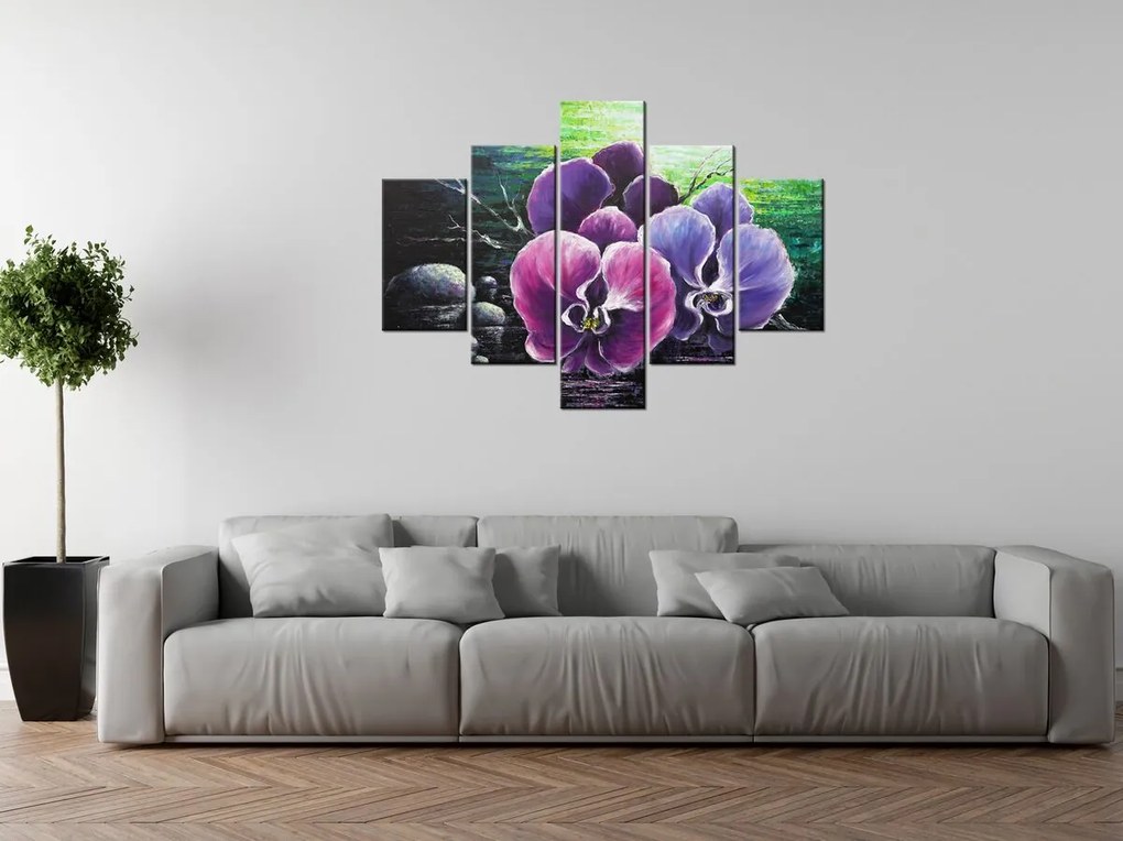 Gario Ručně malovaný obraz Orchidea u potoka - 5 dílný Rozměry: 150 x 105 cm
