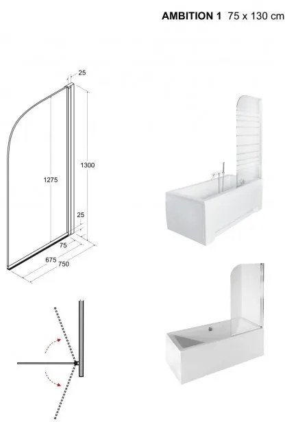 BESCO Vanová zástěna AMBITION 1 BARVA rámu - Chrom/Leštěný hliník (ALU), Rozměr A - 75 cm, Směr zavírání - Univerzální Levé / Pravé, Výplň - Čiré bezpečnostní sklo - 5 mm BCAMB1CC