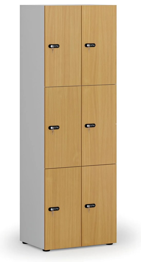 Dřevěná šatní skříňka S4 s úložnými boxy, 6 boxů, demont, mechanický kódový zámek, šedá/buk