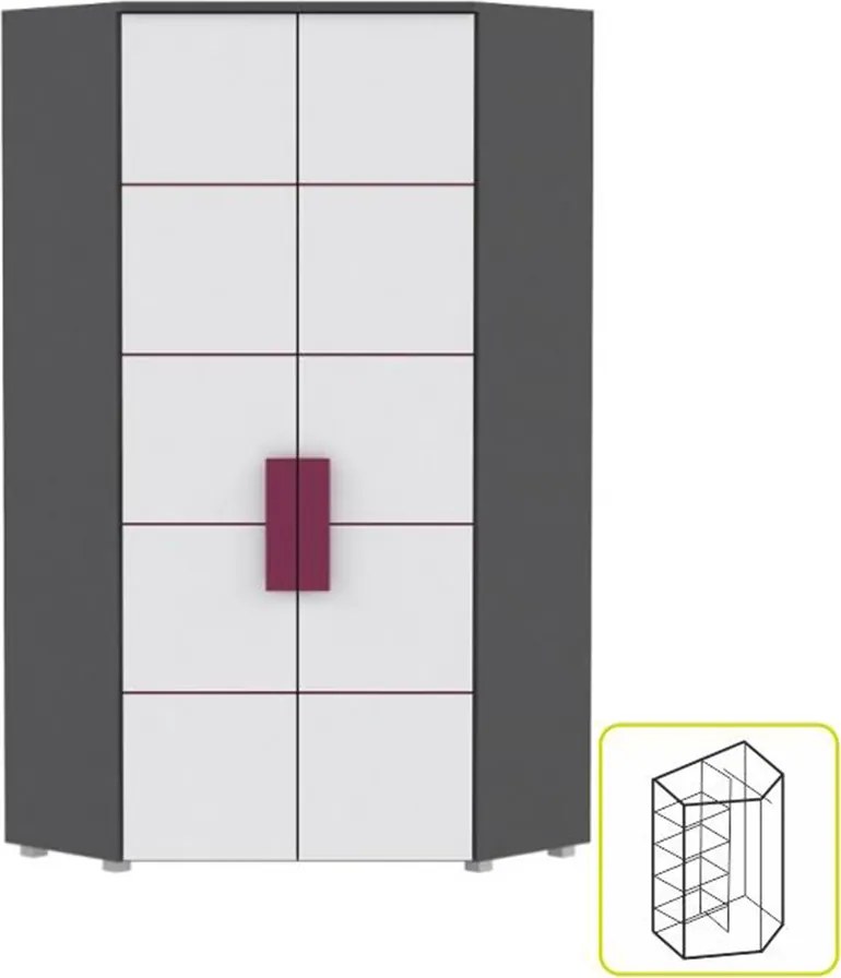 Tempo Kondela Dětská rohová šatní skříň LOBETE 89 šedá/ bílá/fialová