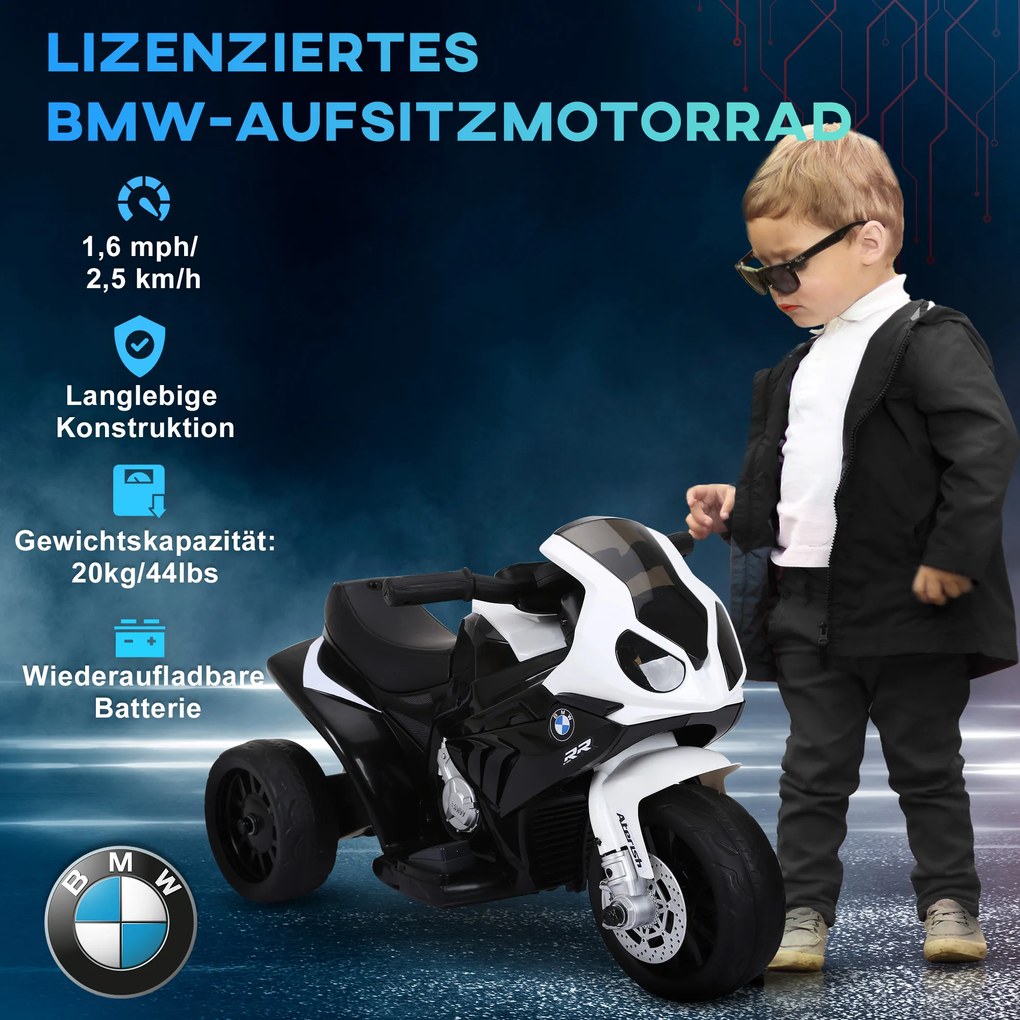 HOMCOM BMW S1000RR licenční dětská elektrická motorka dětské vozidlo s baterií, tříkolka, ocel, černá, 66x37x44 cm| Aosom