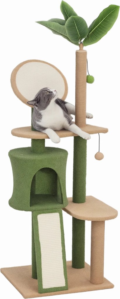 PawHut kočičí strom 139 cm s škrabadlem, kočičí jeskyní, hracím míčkem a sisalovými sloupky, pro kočky do 5 kg, Zelený | Aosom