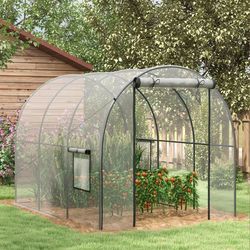 Zahradní skleník Outsunny - Tonnel pro rajčata, půdorys 6 m², 3L x 2W x 2H m, zpevněný trubkový rám, zipové dveře, 2 vysouvací okna - Průhledný | Aoso