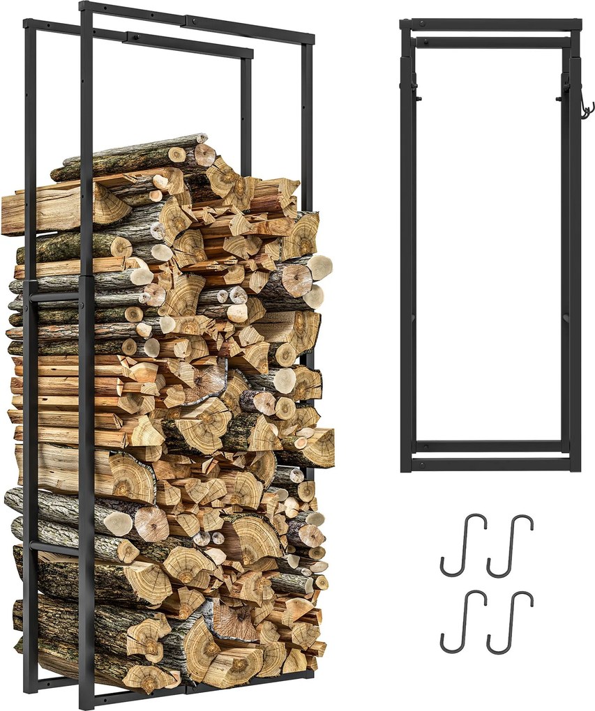 Outsunny Nastavitelný Dřevěný Stojan na Dřevo z Kovových Materiálů s 4 Háčky a Nosností 100 kg pro Vnitřní a Venkovní Použití 40-65x25x100-150 cm Čern