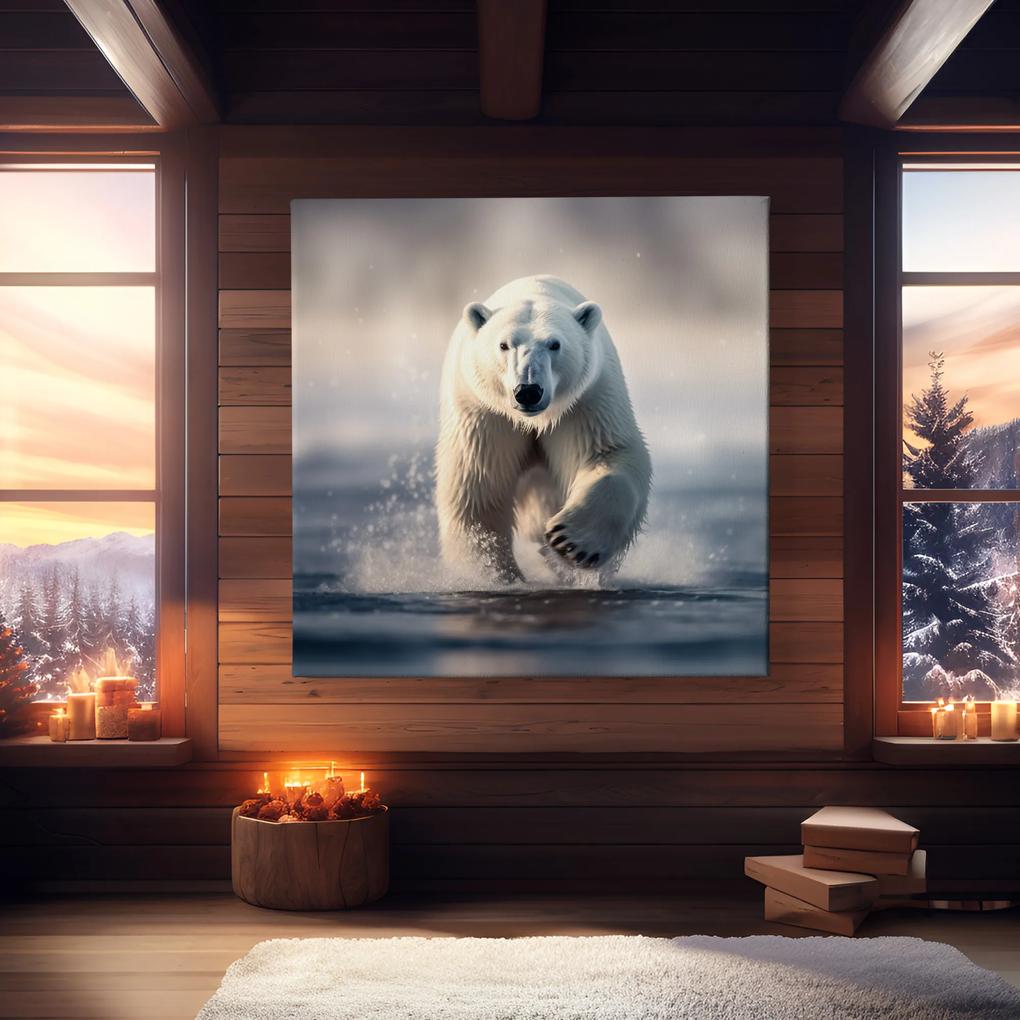 Obraz na plátně - Lední medvěd se řítí zimní řekou FeelHappy.cz Velikost obrazu: 100 x 100 cm