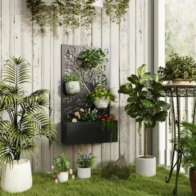Outsunny vyvýšený kovový truhlík s treláží ve tvaru větví a listů — 61 × 23 × 113 cm, černý