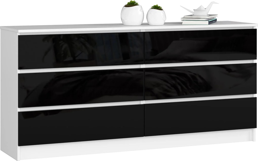 Komoda K160 6SZ bílá/černý lesk