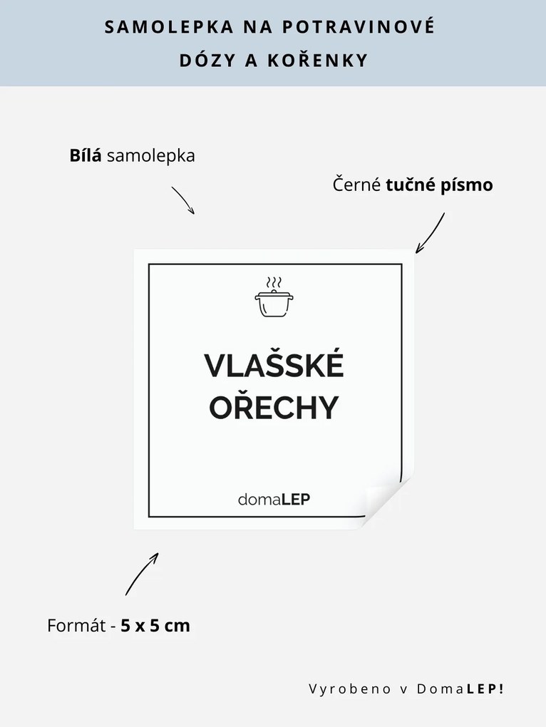 VLAŠSKÉ OŘECHY – bílá samolepka na dózu, tučné písmo, 5 x 5 cm | DomaLEP