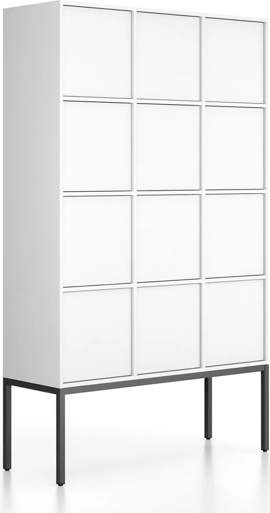 Kancelářská skříň FRAME, černá podnož, 12x dveře, 1299 x 450 x 2185 mm, PUSH-lock, bílá