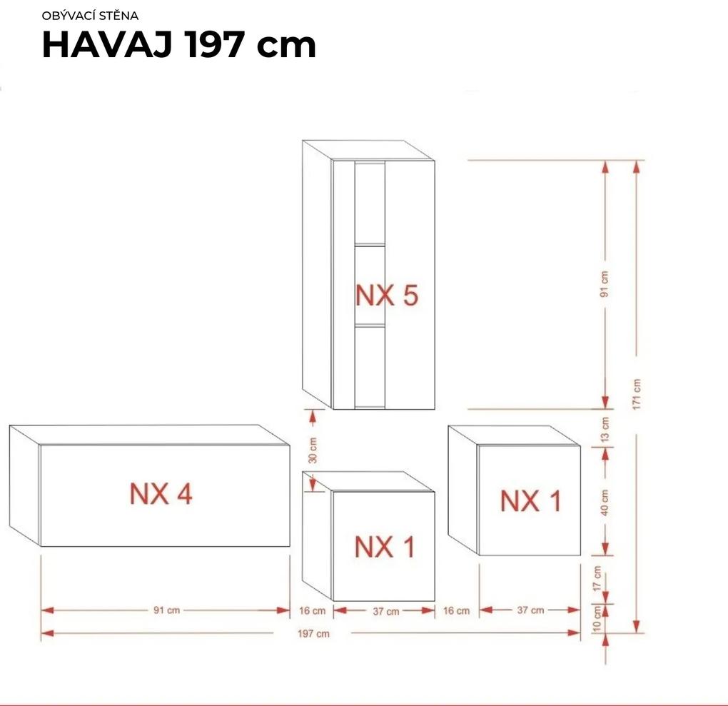 Ral Obývací stěna HAVAJ 5, 197 cm - Černo/bílý lesk
