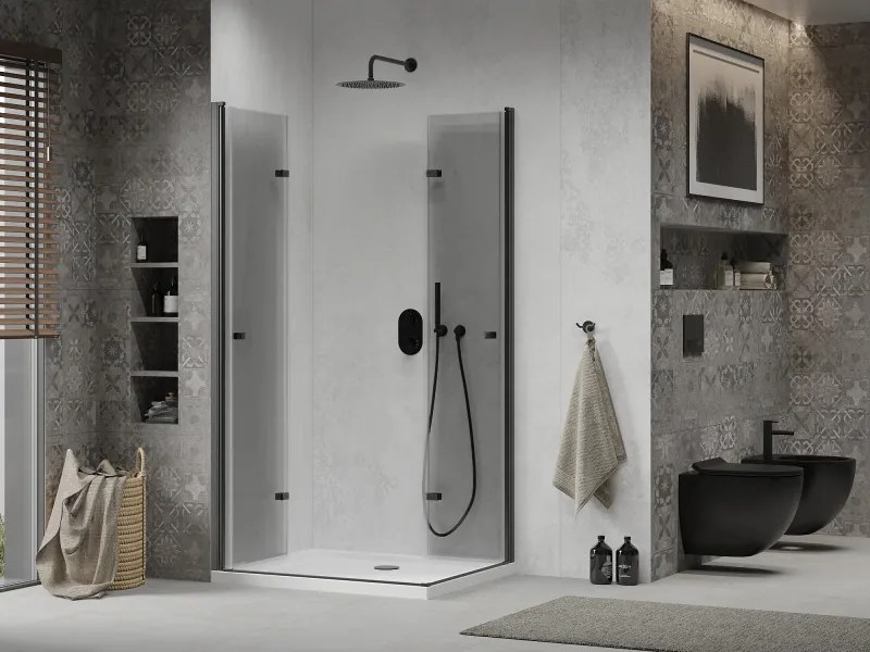 Mexen Lima Duo, sprchový kout s 2-křídlými skládacími dveřmi 80 (dveře) x 70 (dveře) cm, 6mm čiré sklo, černý profil + slim sprchová vanička 5cm bílá s černým sifonem, 856-080-070-70-02