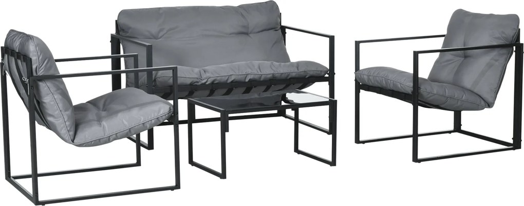 Sada zahradního nábytku Outsunny pro 4 osoby - ocelová a povětrnostním vlivům odolná sada nábytku na balkon s 2-místnou pohovkou, křeslem a skleněným…