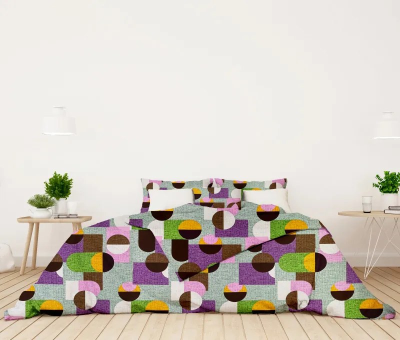 Ervi bavlněné KREPOVÉ povlečení - geometrické obrazce fialové/zelené