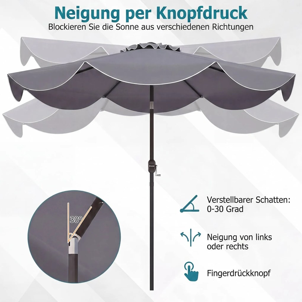 Costway Slunečník 270 cm s funkcí klikání a naklápění s 8 kovovými žebry, šedá