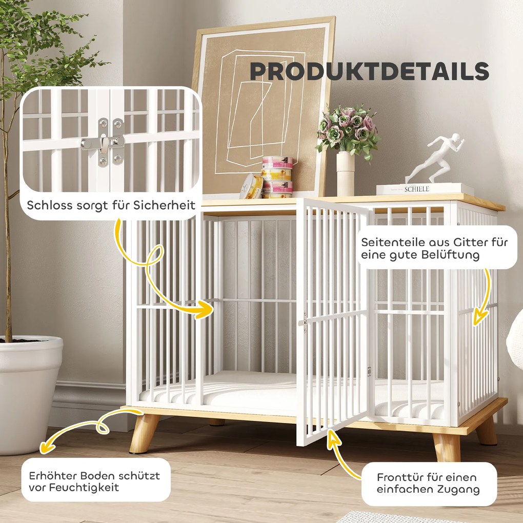 PawHut klec pro psa, uzamykatelná bouda pro psa s polštářem, box pro psa s dvířky, bouda pro středně velké psy do 15 kg, dub, 86 x 60 x 70 cm | Aosom