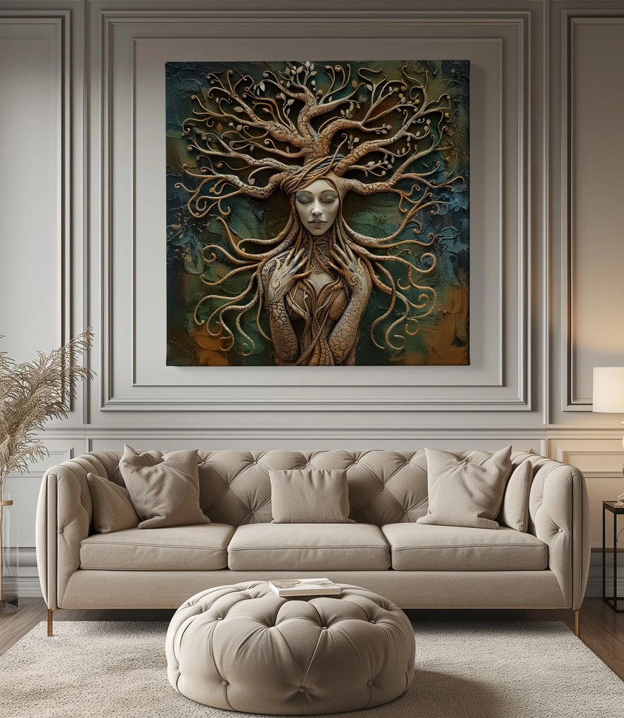 Obraz na plátně - Strom života Žena v silných větvích FeelHappy.cz Velikost obrazu: 140 x 140 cm