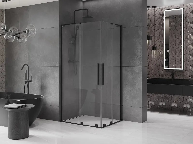 Mexen Velar L Duo, sprchový kout s posuvnými dveřmi 90 x 80 cm, 8mm čiré sklo, černá matná, 871-090-080-02-03-70