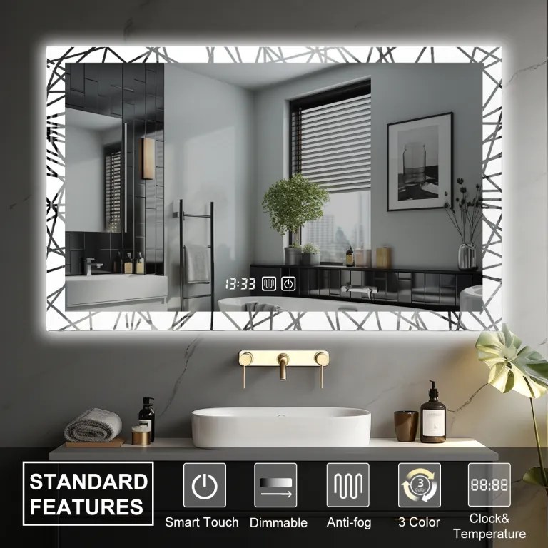 LED koupelnové zrcadlo 90 × 70 cm s odmlžováním a hodinami
