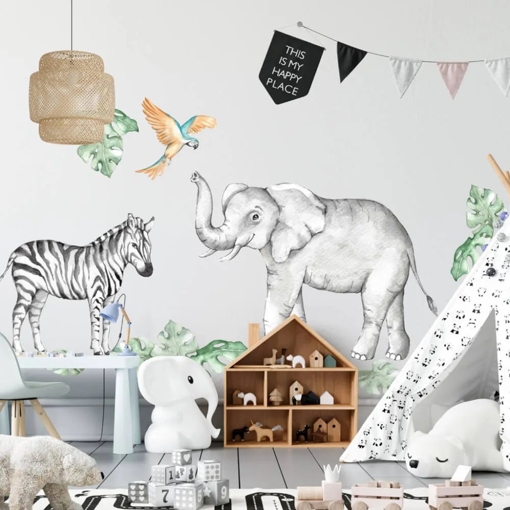 INSPIO Dětské samolepky na zeď - Slon a zebra ze safari