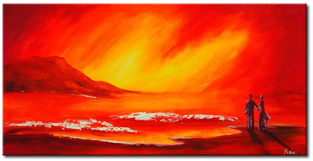 Obraz Abstrakce (1dílný) - krajina s párem na pozadí oranžového moře