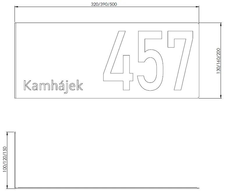 Domovní číslo tabulka lakovaná 16 Velikost: 16 x 39 x 12(ohyb) cm  (XL) - Doporučujeme, Odstín: RAL 9005 - černá, Ohyb: Na pravé straně od čísla