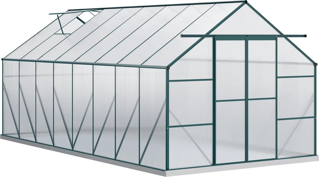 Outsunny polykarbonátový skleník 244x500x216cm s otevíracím oknem a posuvnými dveřmi, hliníkový rám, zelený | Aosom