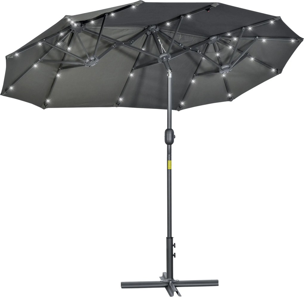 Outsunny Dvojitý slunečník 295x150x219 cm s LED solárními světly, nastavitelné sklopení a manuální klička pro terasu, bazén a pláž, šedý | Aosom