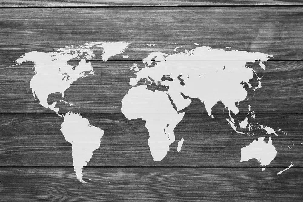Obraz černobílá mapa světa s dřevěným pozadím - 60x40 cm