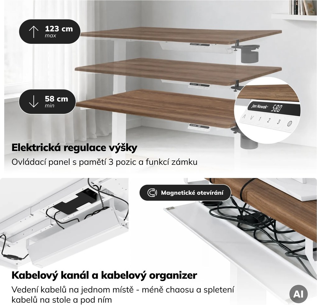 Elektrický stůl s nastavitelnou výškou ergonomický bílý/ořech,1200x600 mm: ARIA