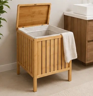 koš na prádlo, objem 52 l, s polstrovaným víkem, bambus/látka, 52x39x39 cm, přírodní/krémová, Dekorino KP20260026