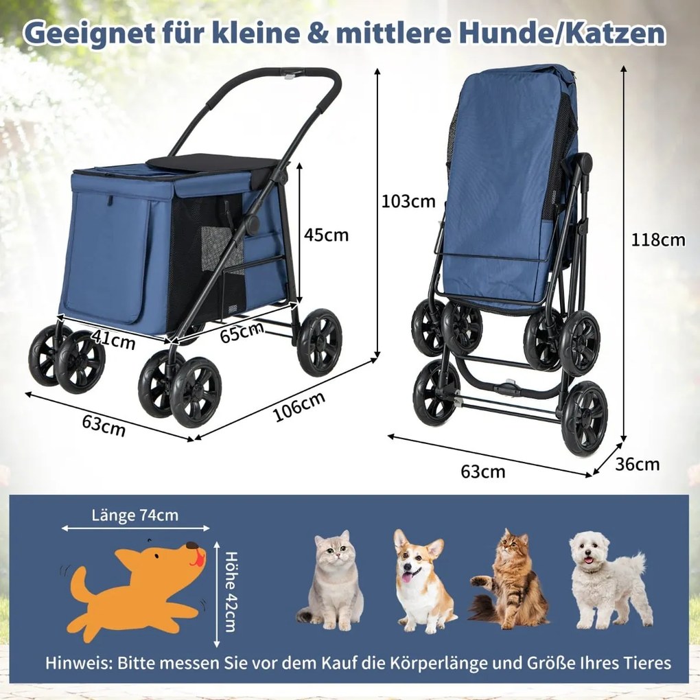 Costway Psí kočárek skládací psí kočárek do 40 kg s polštářkem, modrý