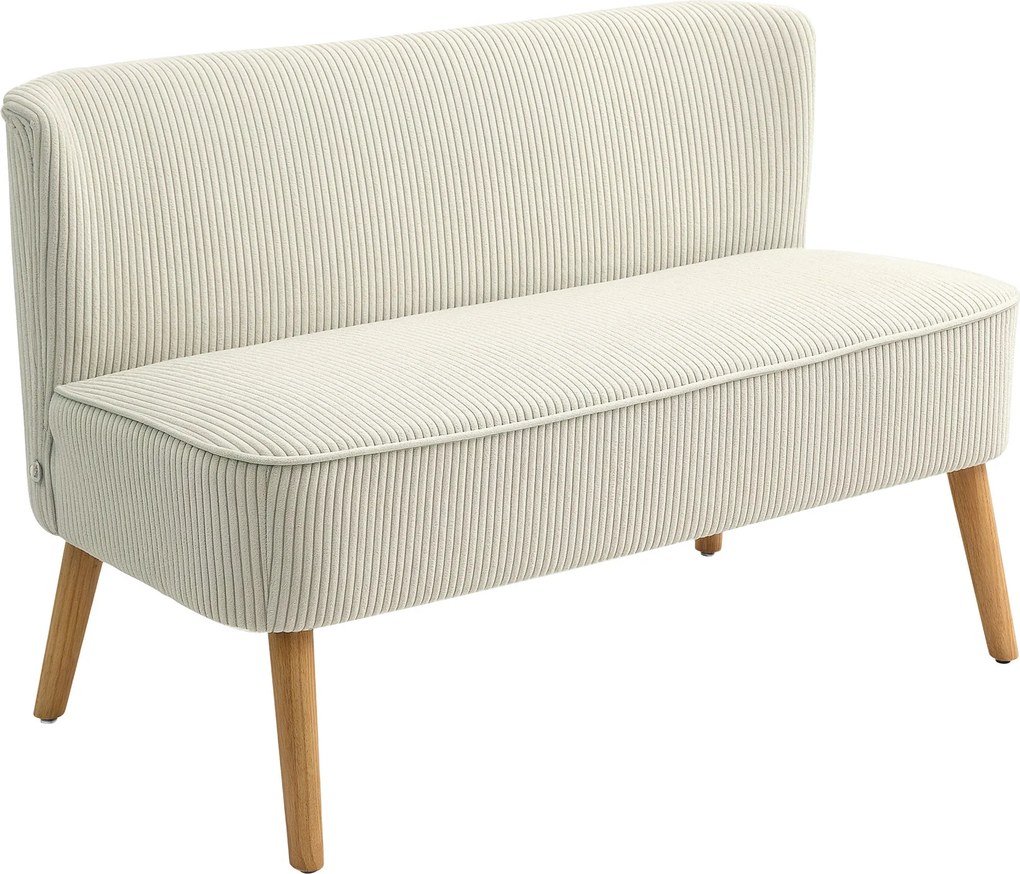 HOMCOM Moderní dvoumístná pohovka bez opěrky se sametovým vzhledem, malá pohovka s dřevěnými nohami pro obývací pokoj, 117 x 56,5 x 77 cm, Krémová | A