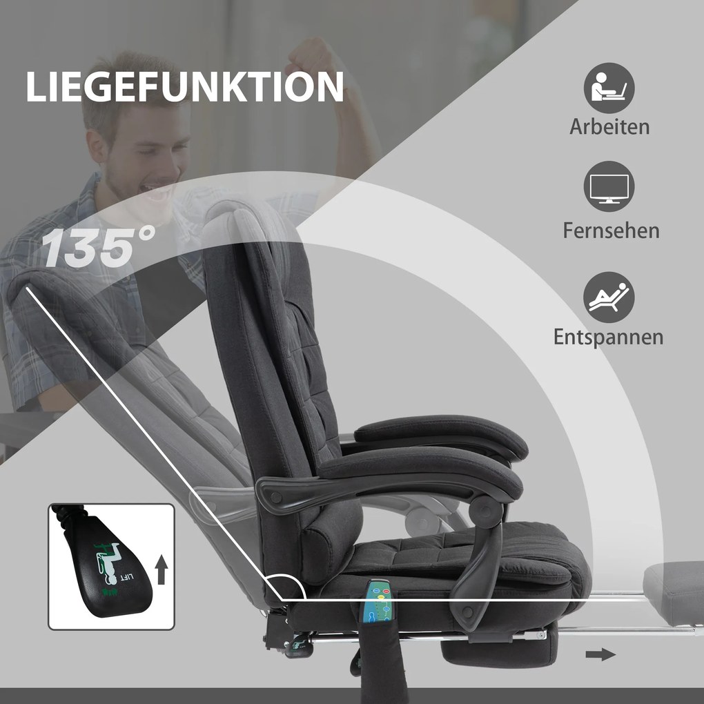Kancelářská židle Vinsetto s masážní funkcí, ergonomická kancelářská židle s polohováním a vyhříváním, výškově nastavitelná počítačová židle s podnož…