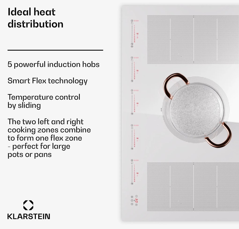 Klarstein Masterzone 90 Flex, indukční varná deska, max. 12600 W, vestavěný, 5 zón, 2 zóny Flex, technologie ThermoBoost, Smart Flex