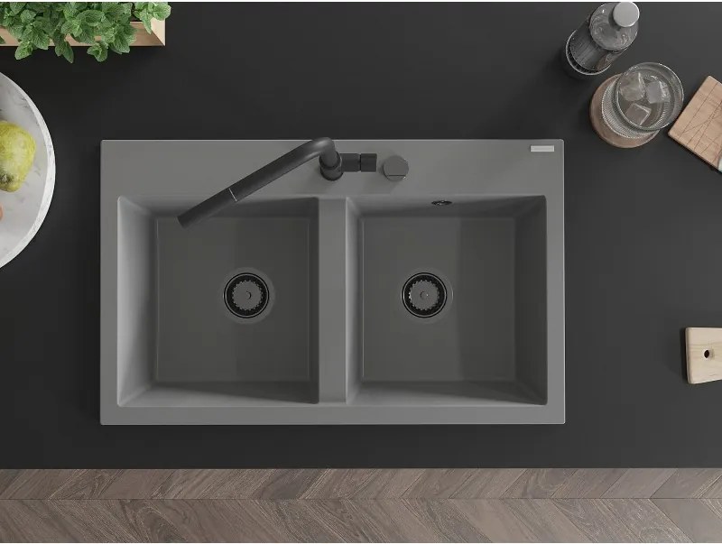 Mexen Hektor, 2-komorový granitový dřez 800x480x205 mm, šedá, grafitový sifon, 6521802000-71-B