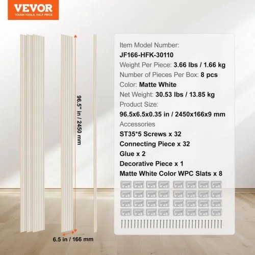 dřevěné lamelové akustické panely 8 KS 243,8 × 15,2 cm – Matná bílá