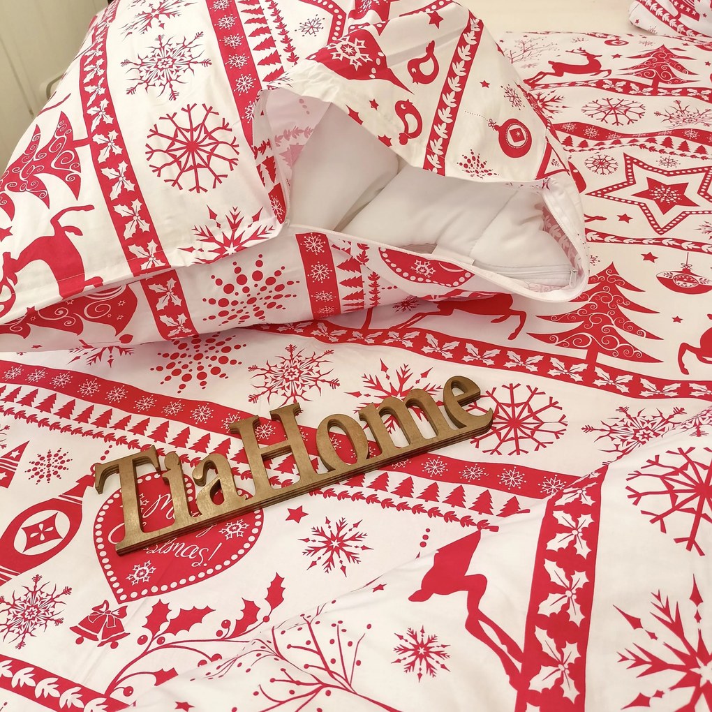Povlečení bavlněné Vánoční povlečení Christmas červené TiaHome - 1x Polštář 90x70cm, 1x Přikrývka 140x200cm