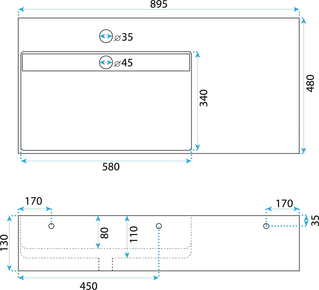 Rea Archi, umyvadlo na desku z konglomerátu 900x480x130 mm, levá verze, šedá matná, REA-U4304