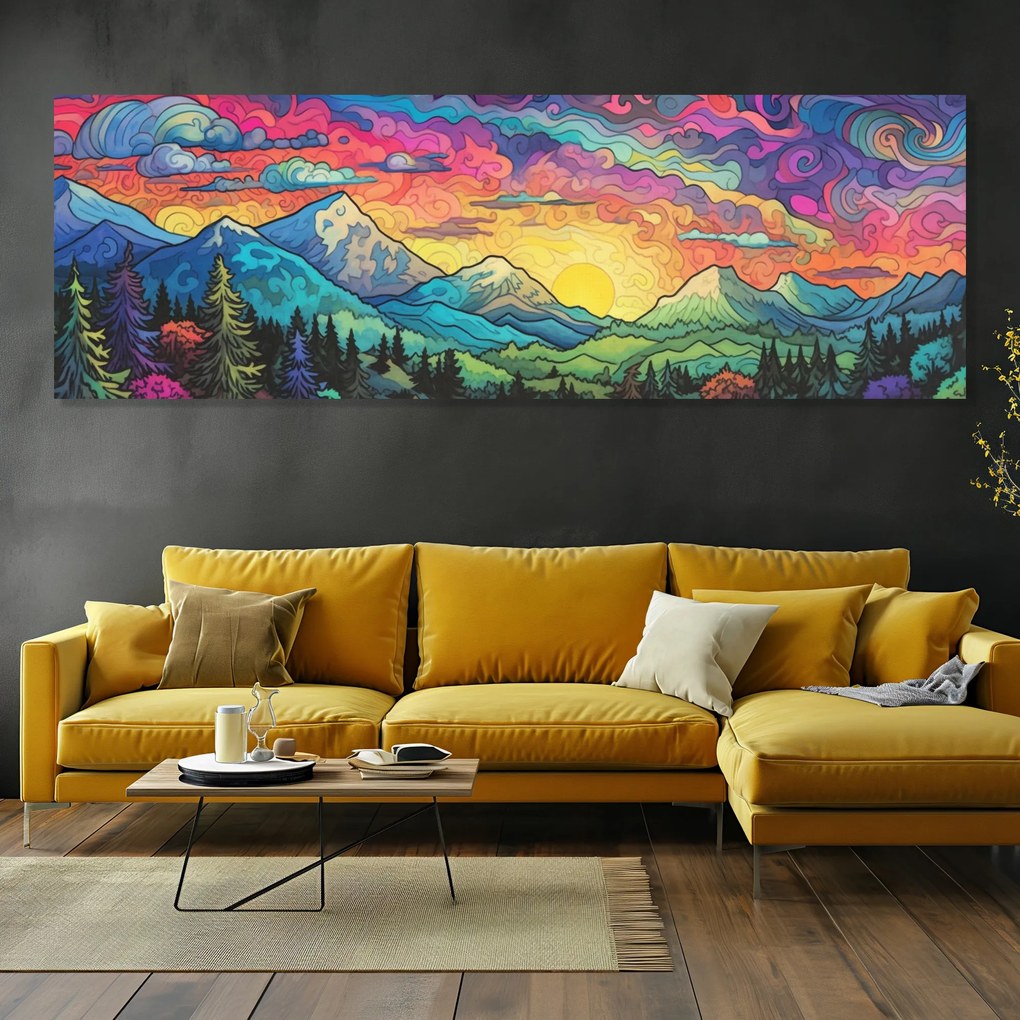 Obraz na plátně - Psychedelický západ slunce v horách FeelHappy.cz Velikost obrazu: 180 x 60 cm