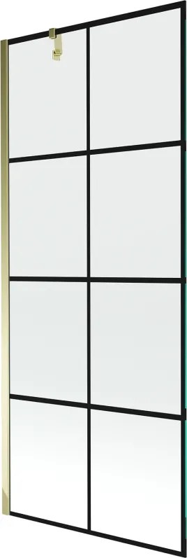 Mexen Next, vanová zástěna 1-křídlová 80 x 150 cm, fixní křídlo, 6 mm čiré sklo s černým vzorem, zlatý profil, 895-080-000-00-77-50
