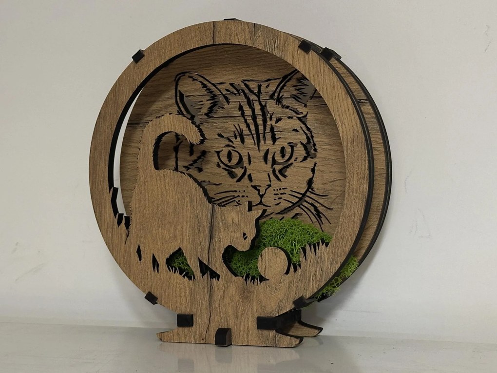 Li-Go "Kočka s mechem" dřevěná lampa s dvojitým podsvícením 20x22 cm dub
