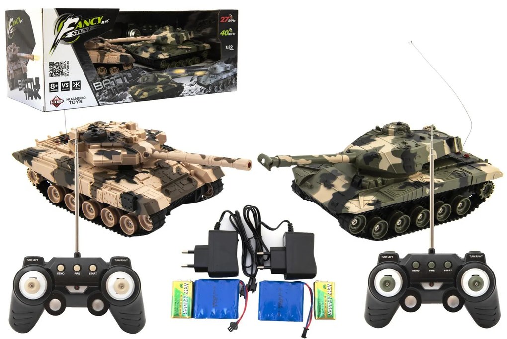 Tank RC 2ks 25cm tanková bitva+dob. pack 27MHZ a 40MHz maskáč se zvukem se světlem v kr. 50x20x23cm