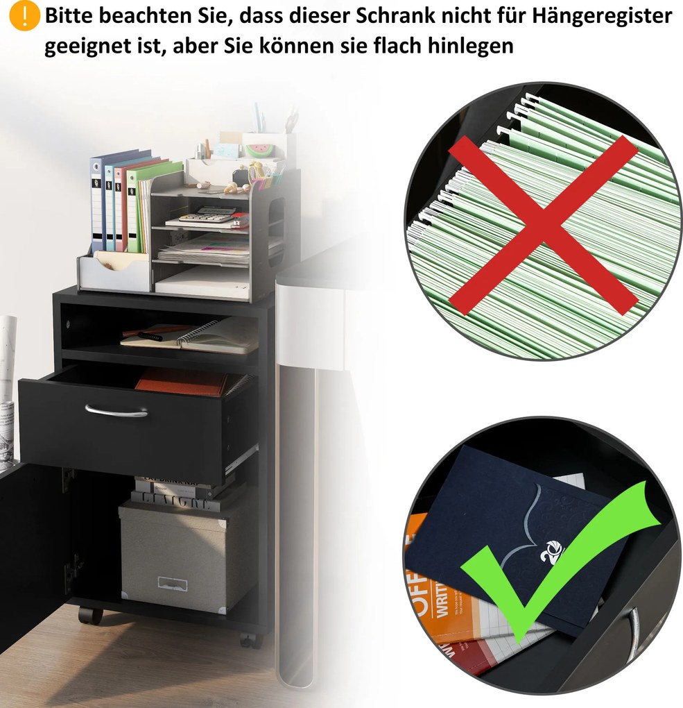 HOMCOM Mobilní kancelářský šuplík se 2 zásuvkami, pojízdný úložný kabinet na kolečkách, otevřená police, kancelářská skříň, pod deskou do kanceláře, …