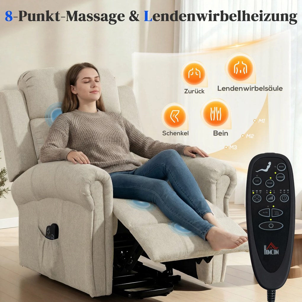 HOMCOM Masážní křeslo s asistencí při vstávání, relaxační křeslo, vibrační hlavy, s polohovací funkcí, vzhled lnu, béžová